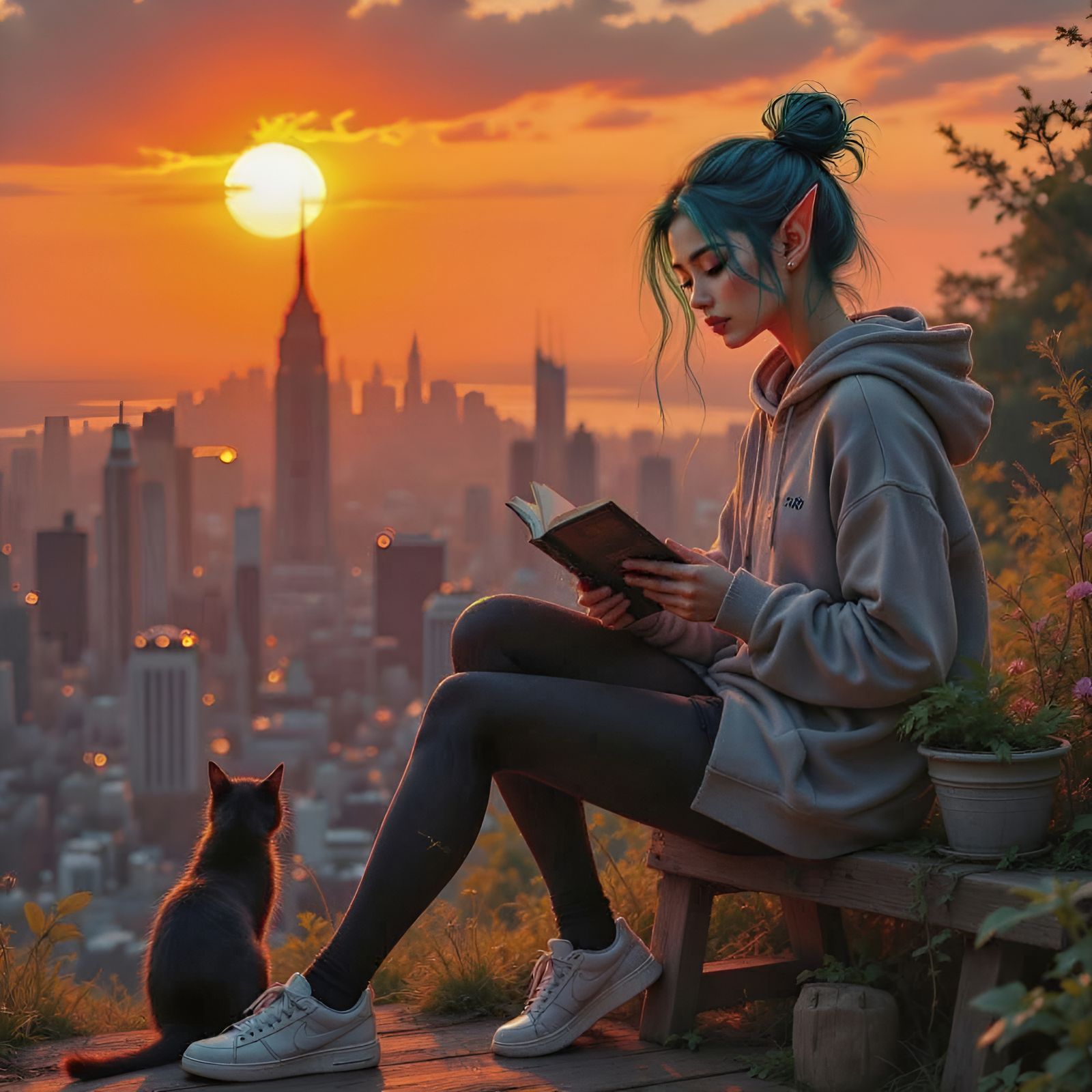 The Sunset Reader - Ethereal Urban Fantasy Scene in Golden L...