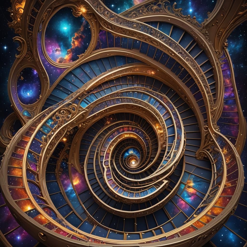 Stairway to the Cosmos A spiral galaxy staircase, fractal patterns ...
