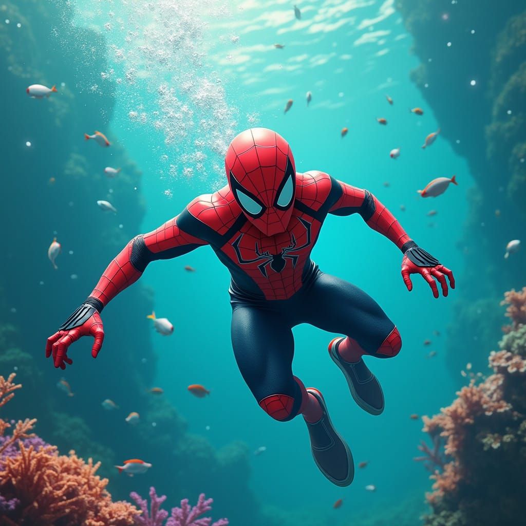 spider-man swimming - Superhero in Turquoise Water
