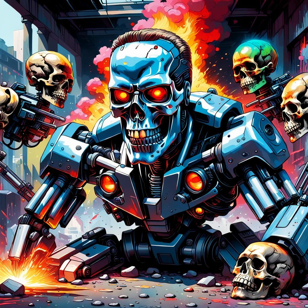 The Terminator machine stepping on human skulls. Lazers and explosions ...