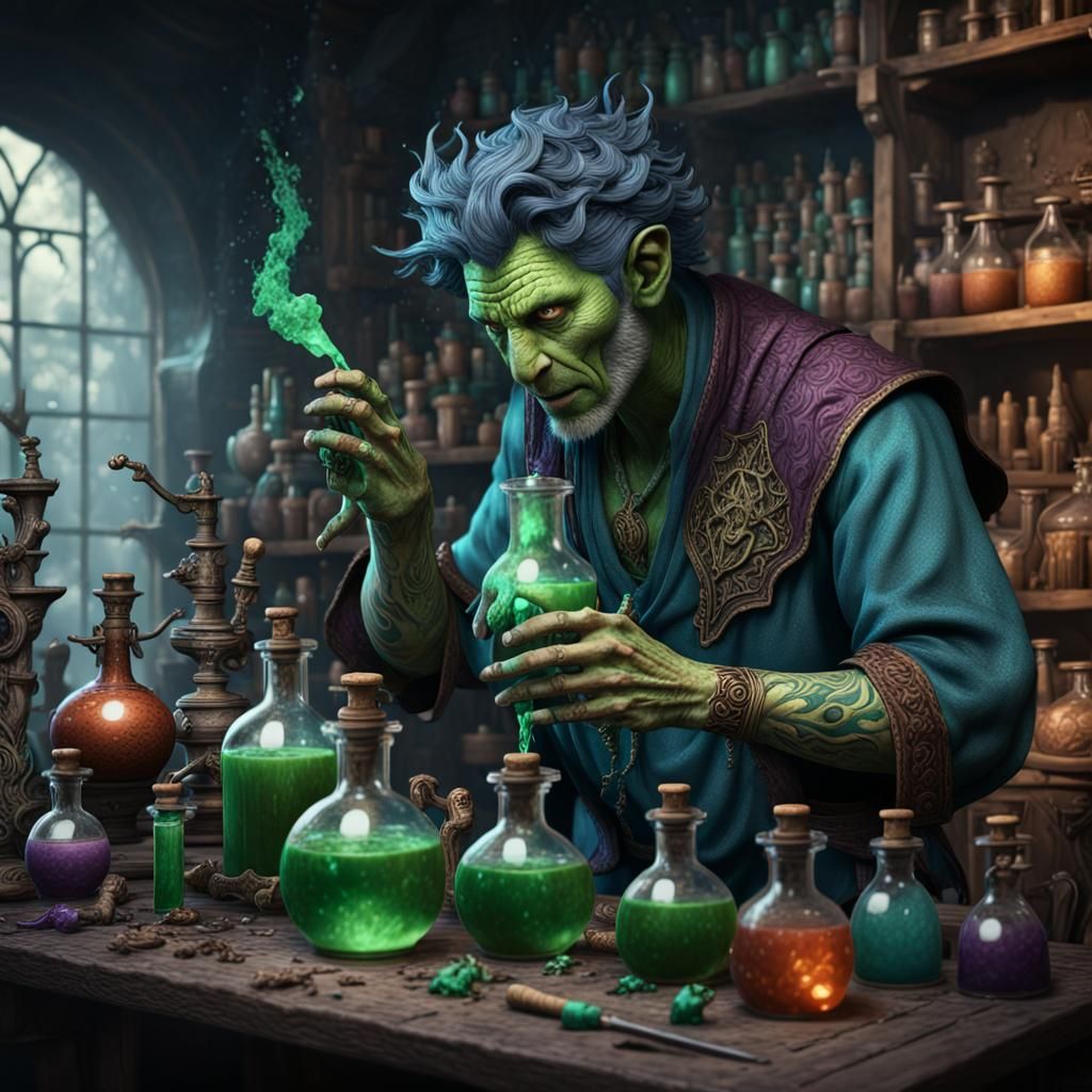 Lizard man sorcerer works in his lab making potions - AI Generated ...