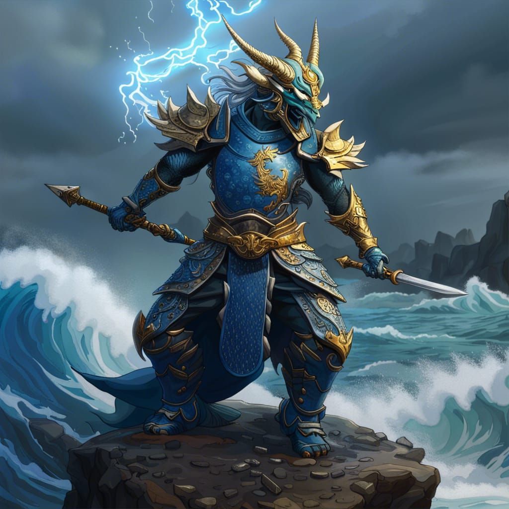 A blue-skinned dragonborn samurai stands on a cliff by an angry ocean ...