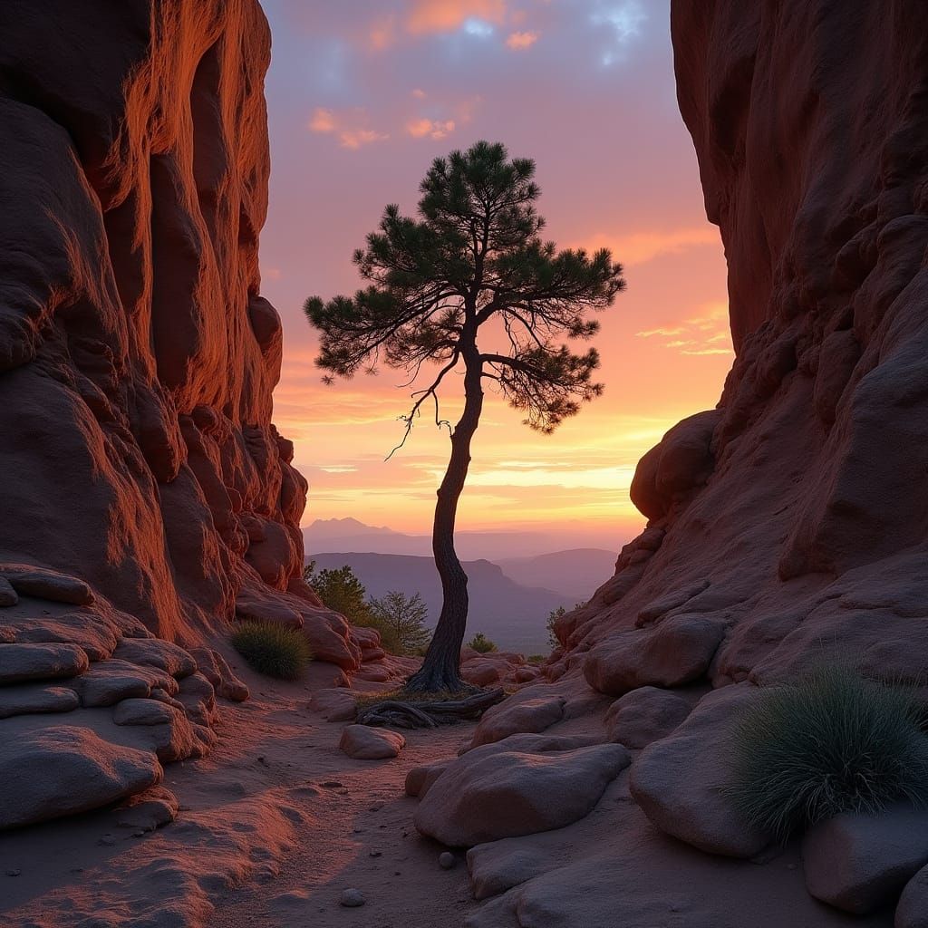 Solitary Pine at Sunset in Ultra-Realistic Style - AI Art