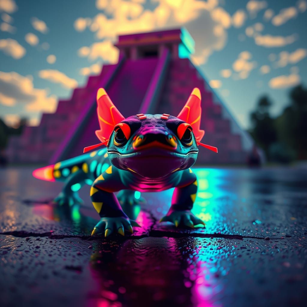 Neon - Cyberpunk Axolotl Explores Neon Mayan Pyramid