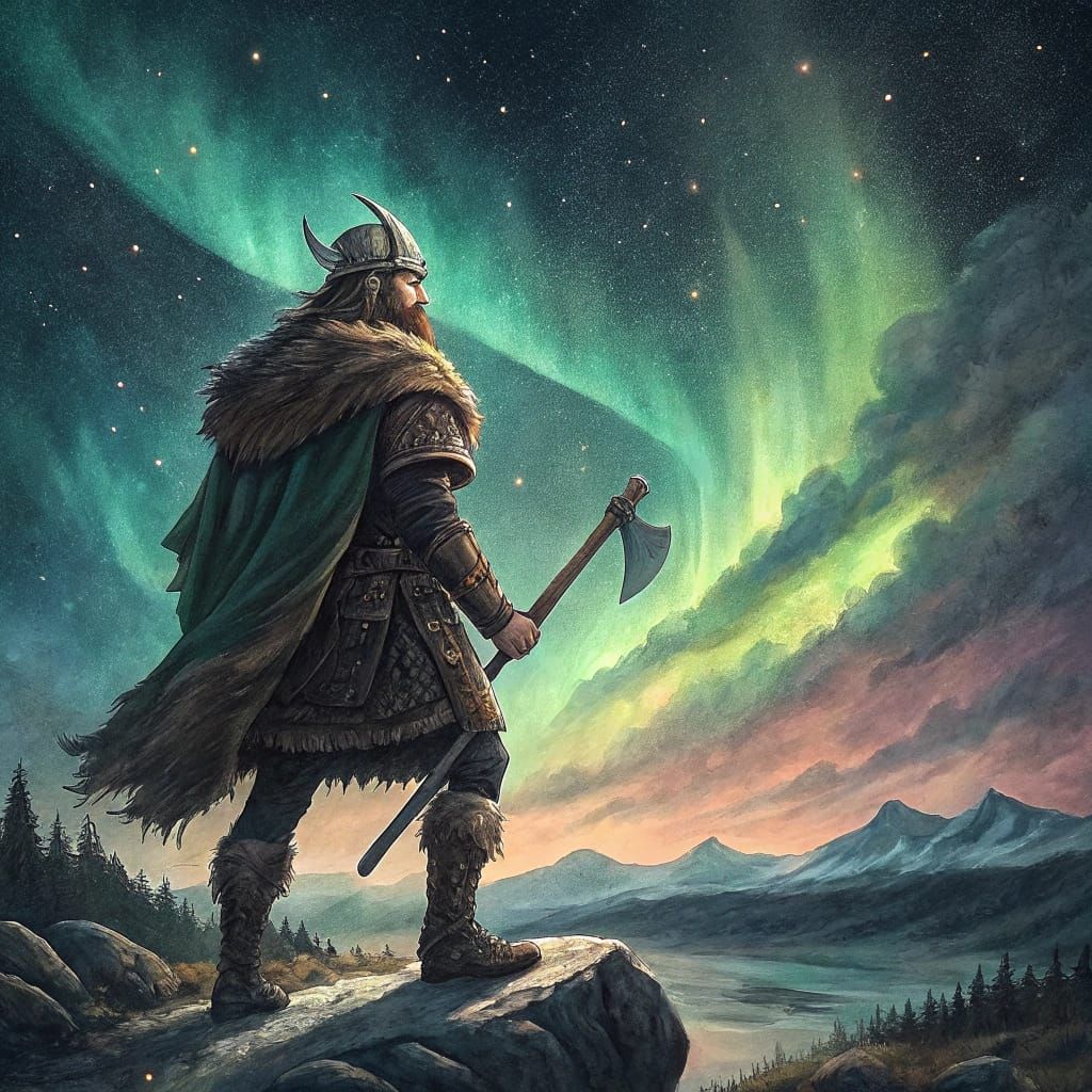 Viking Warrior Stands Under Ethereal Northern Ligh... - AI Art
