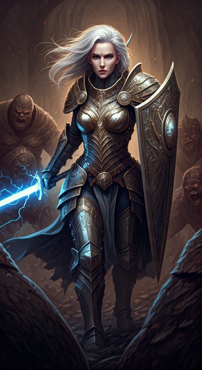 Aasimar-woman paladin, silver shoulder-length hair disheveled, thin and toned physique with a ...