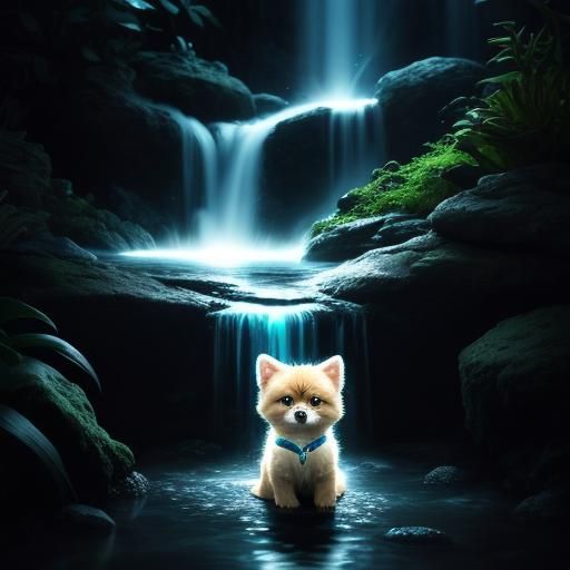 adorable cute chibi baby furry Puppy with a bioluminescent Waterfall in ...