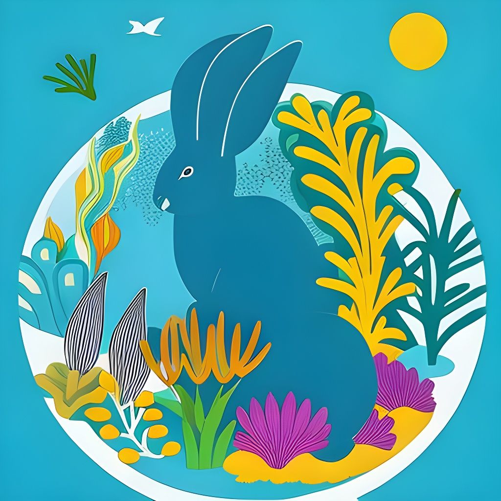 a vibrant and colorful illustration of a water rabbit surrounded by ...