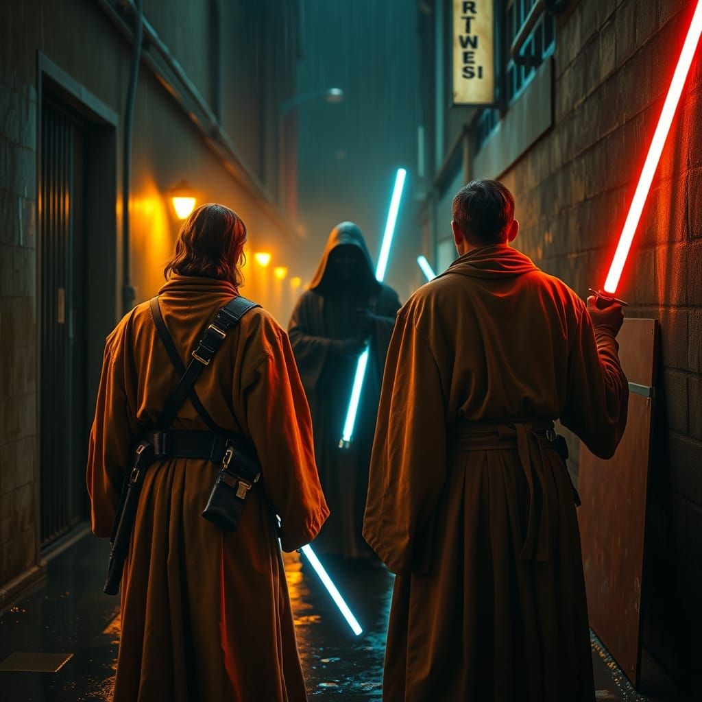 Two Jedis facing a Sith lord. Film noir style, envision a world where ...