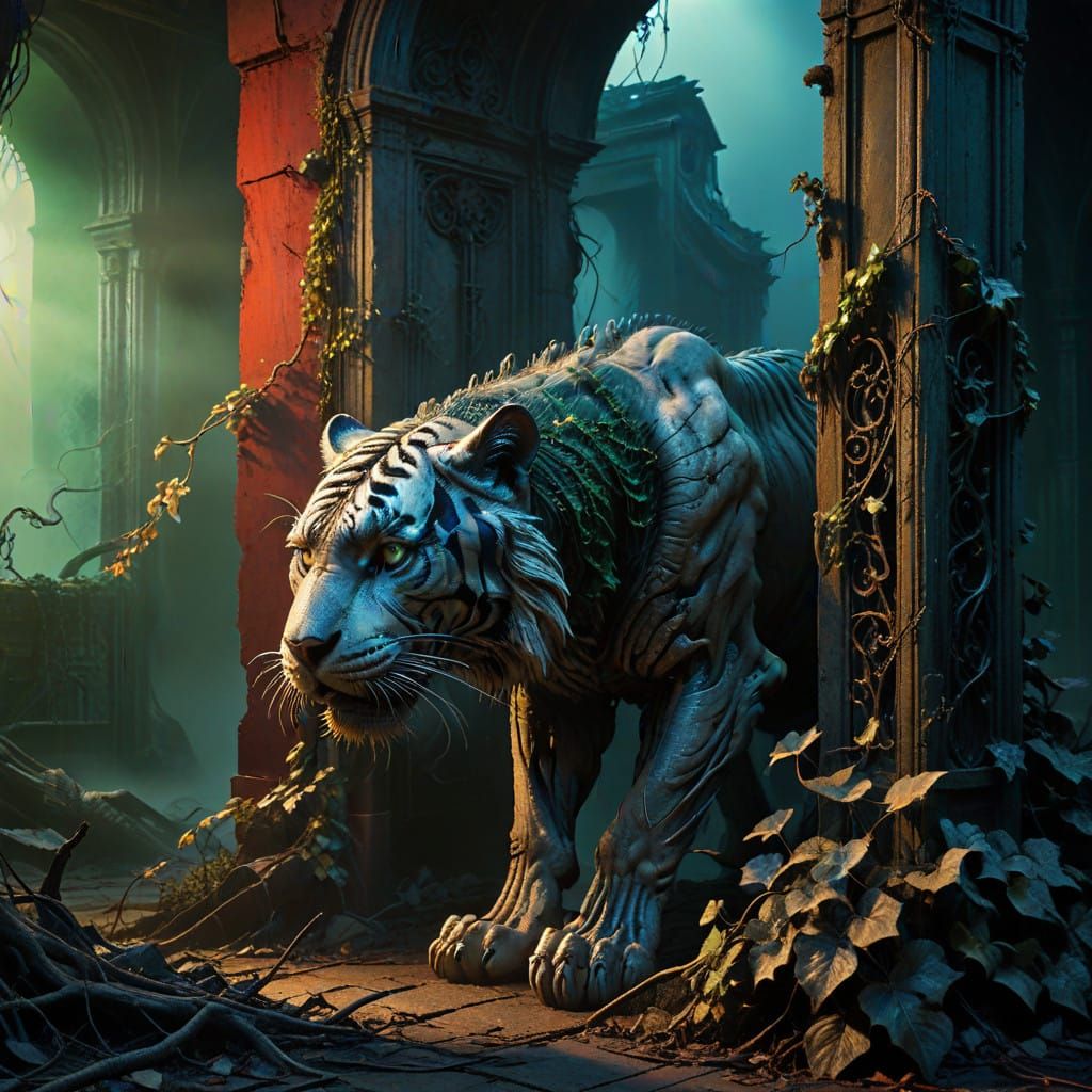 A hauntingly surreal, hyper-realistic gothic Tiger, shrouded in an eerie, glowing misty fog