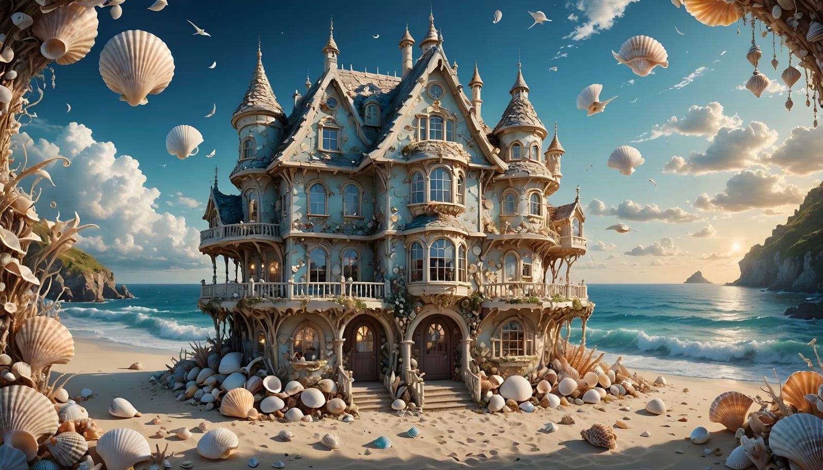 Whimsical Shell Mansion Shines with Iridescent Pea... - AI Art