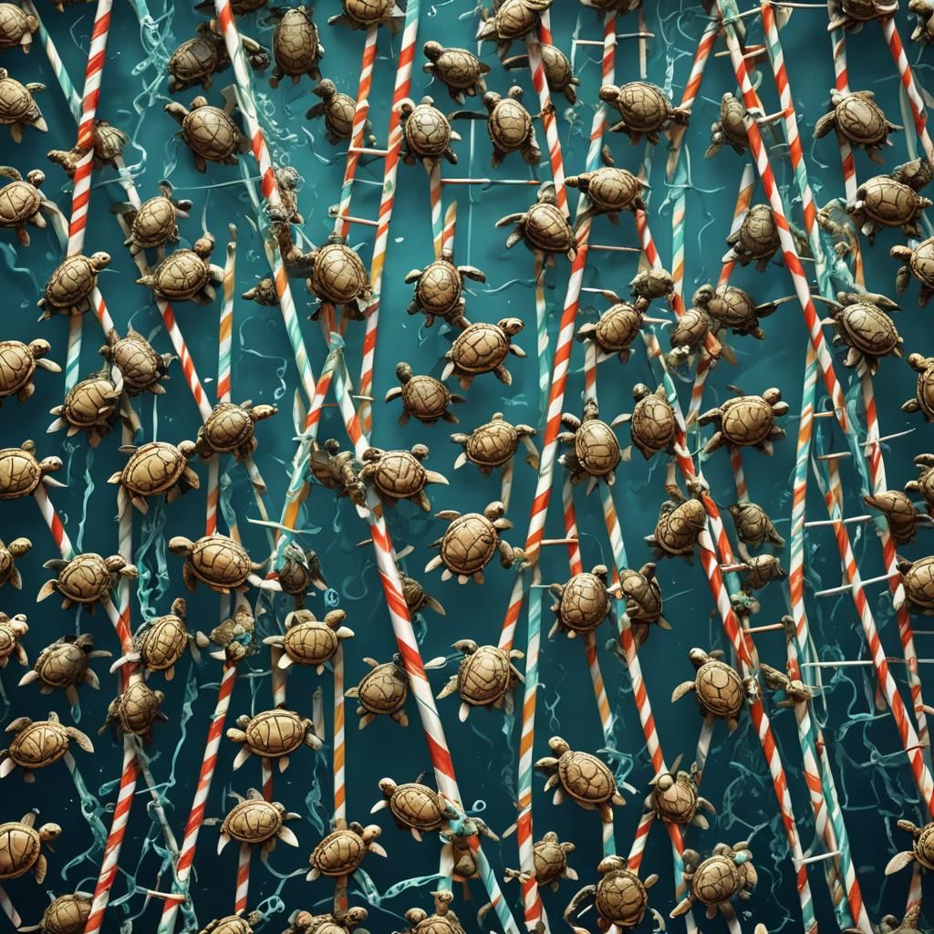 Sea turtles creating ladders out of striped plastic drinking straws ...