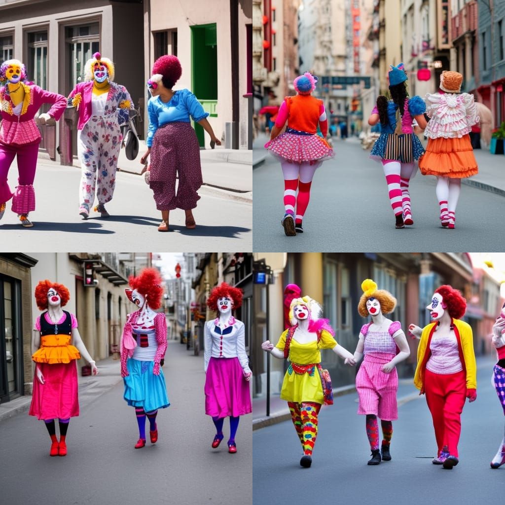 Whimsical female clowns walking down a city street. - AI Generated ...