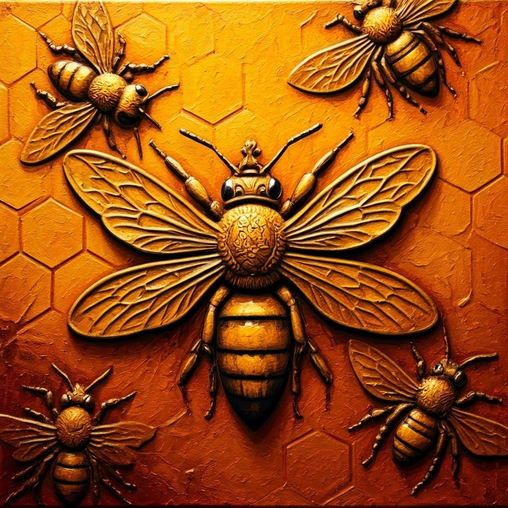 Hand-painted plaster background, vibrant embossed relief of a Queen bee ...