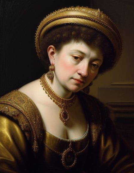 Baroque oil painting. Close-up shot. A woman wearing jewels sitting in ...