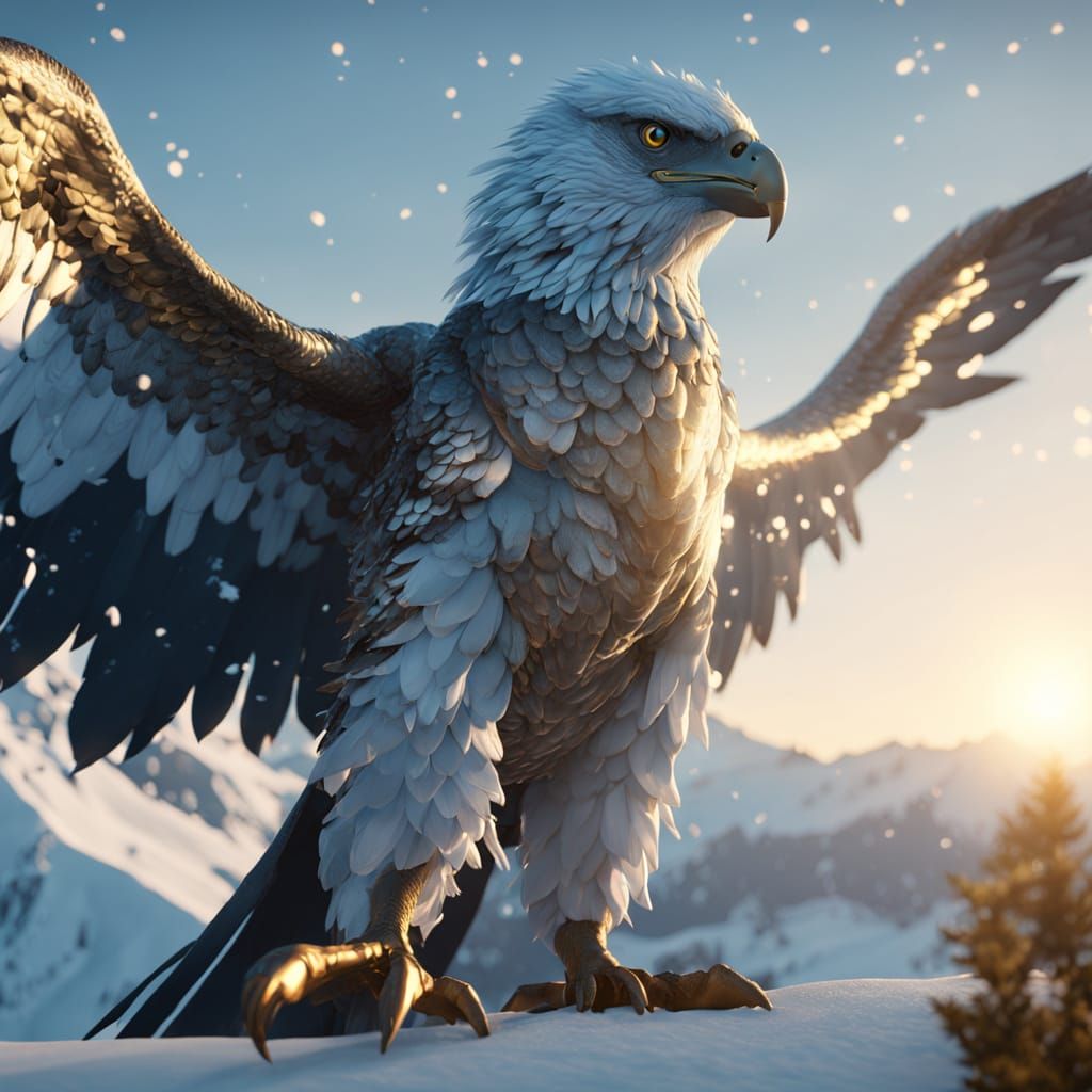 Bioluminescent Frost Falcon Perched on Snowy Peak - AI Art