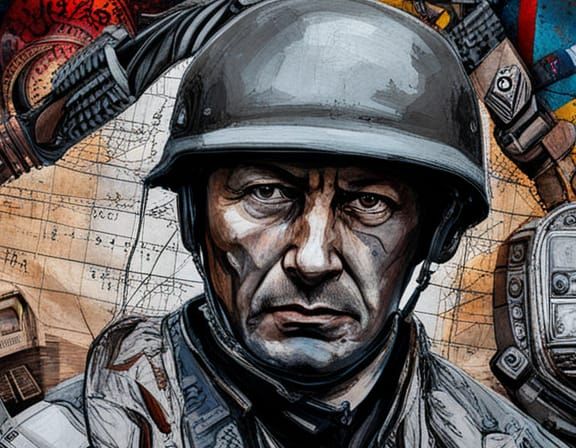 A masterfully detailed mixed media artwork portraying the successful ...