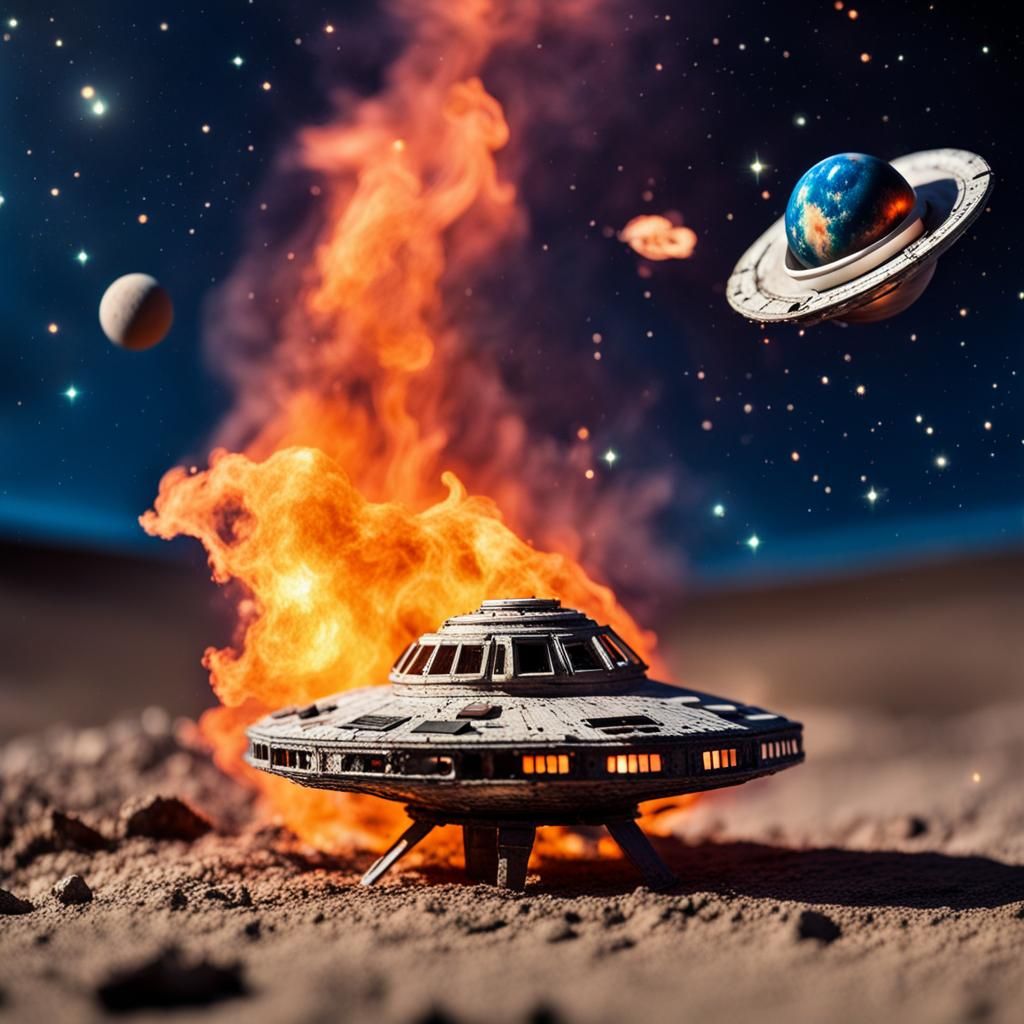 Photograph, Macro, miniature spaceship on fire crashed on ground starry ...