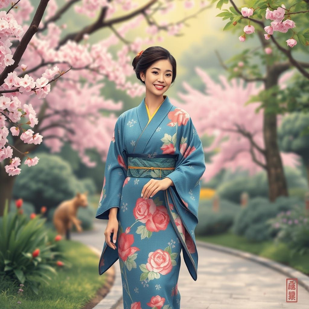 Elegant Woman Strolls in Traditional Japanese Gard... - AI Art