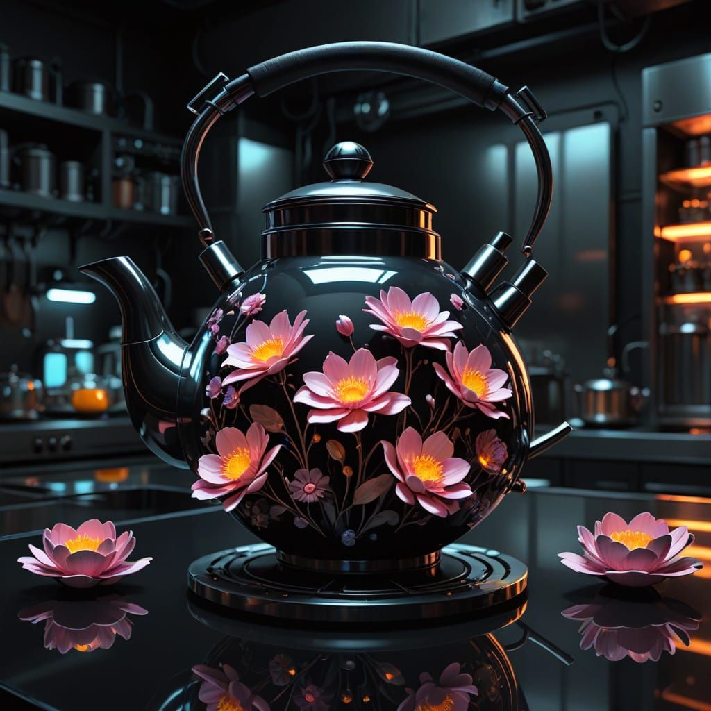 Futuristic Teapot with Neon Blossoms in Cyberpunk ... - AI Art