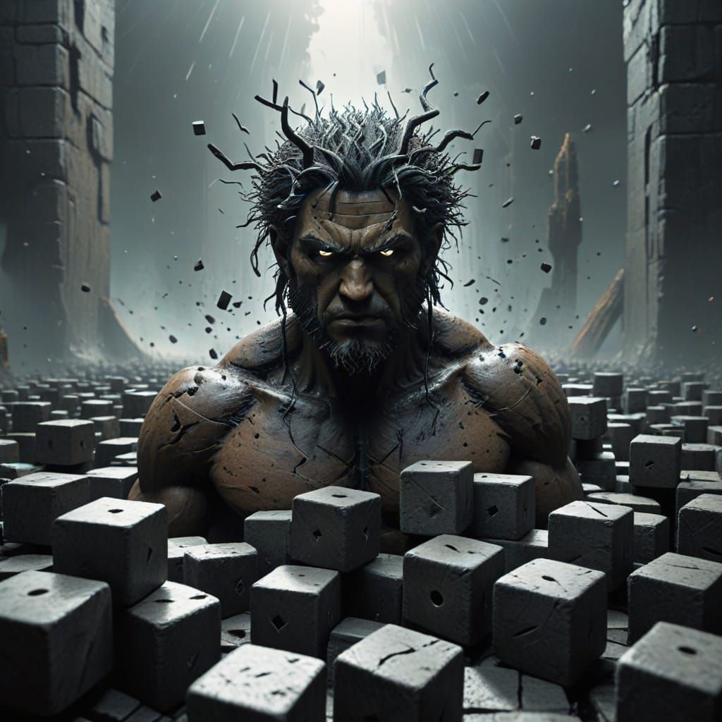 Cubehead, a cube-headed God appears over a primitive cube society. epic ...
