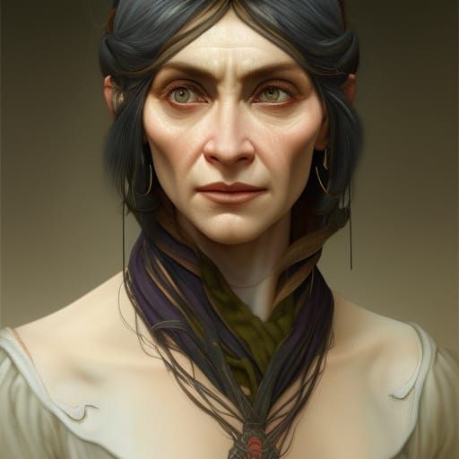 an old and skinny halfling witch with little hair, pointed ears and pale, saggy and wrinkled ...