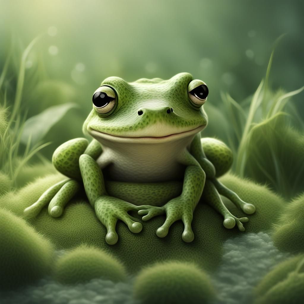 An adorable frog is entirely covered in pile-high soft, green, and ...