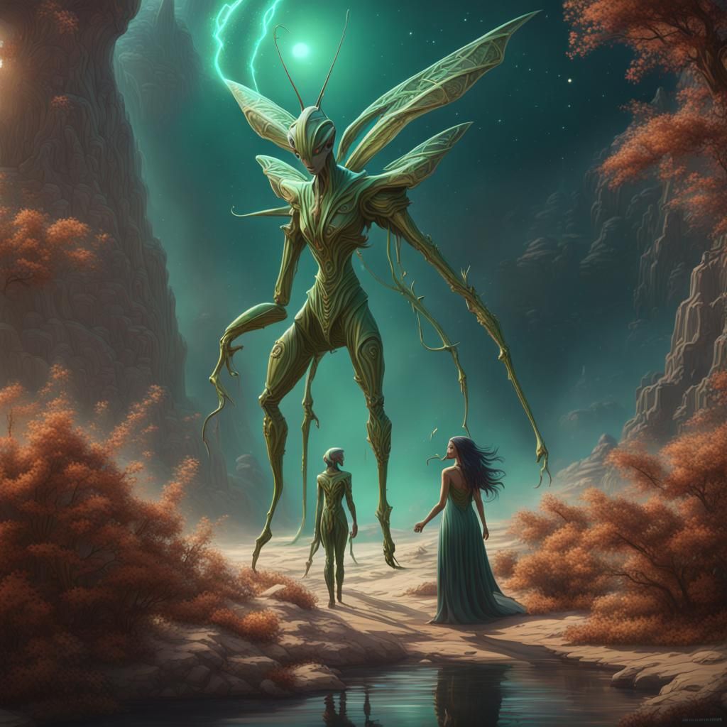 Mantis alien meets a wind goddess in the astral plane - AI Generated ...