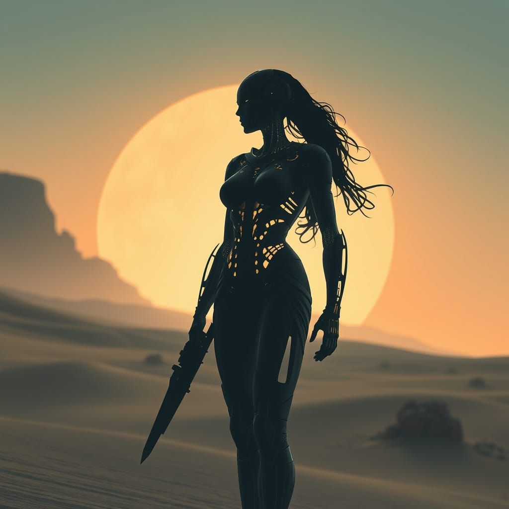 Cyborg Woman in Desert Silhouette - AI Art