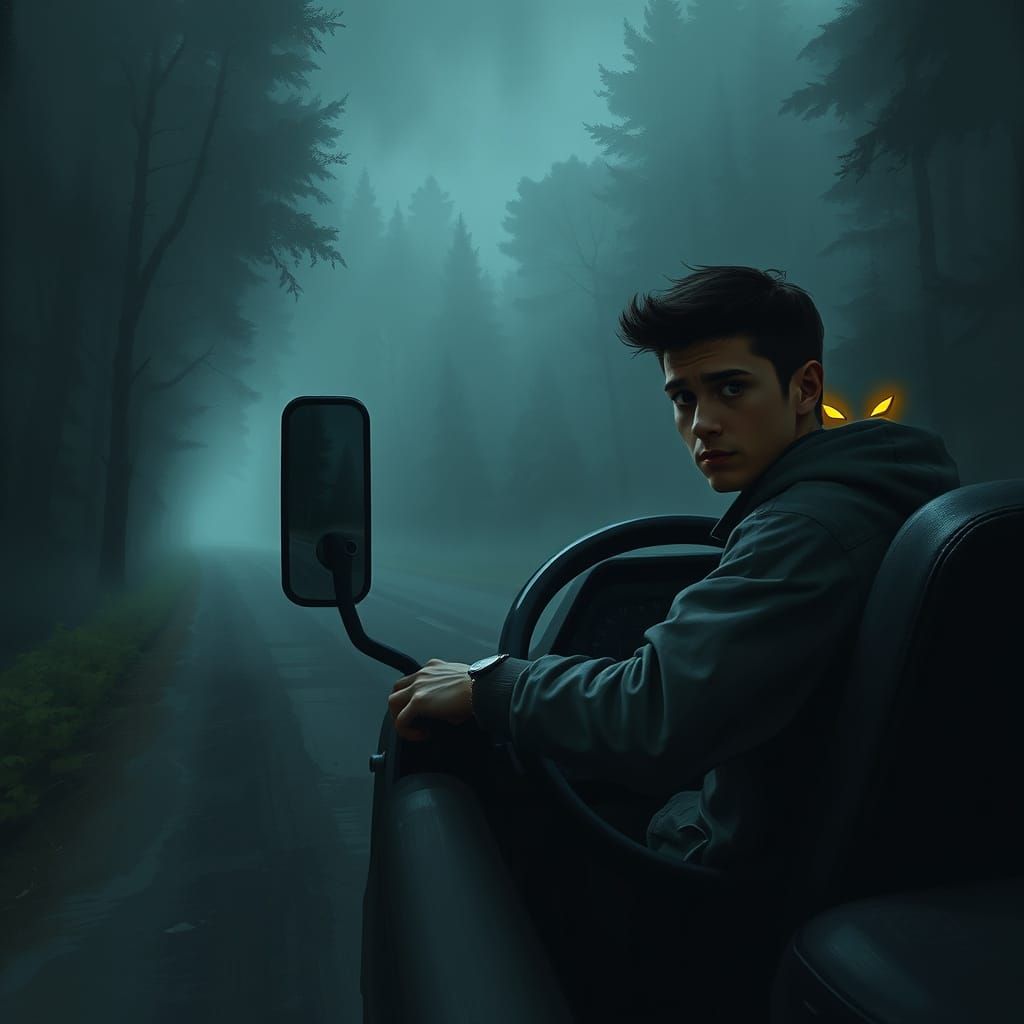 Young Driver Navigates Haunted Road Under Piercing... - AI Art