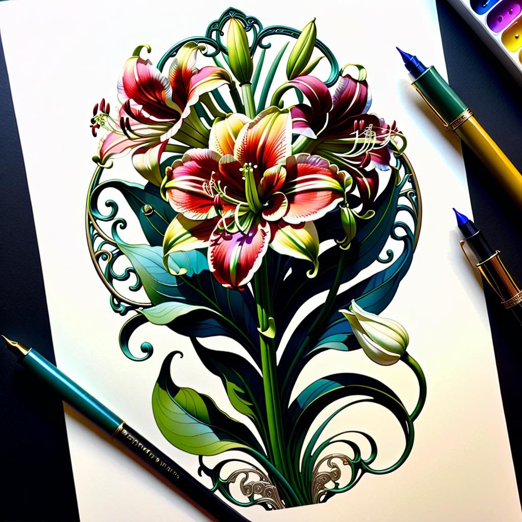 Highly detailled botanical ink drawing of the outstanding Amaryllis ...