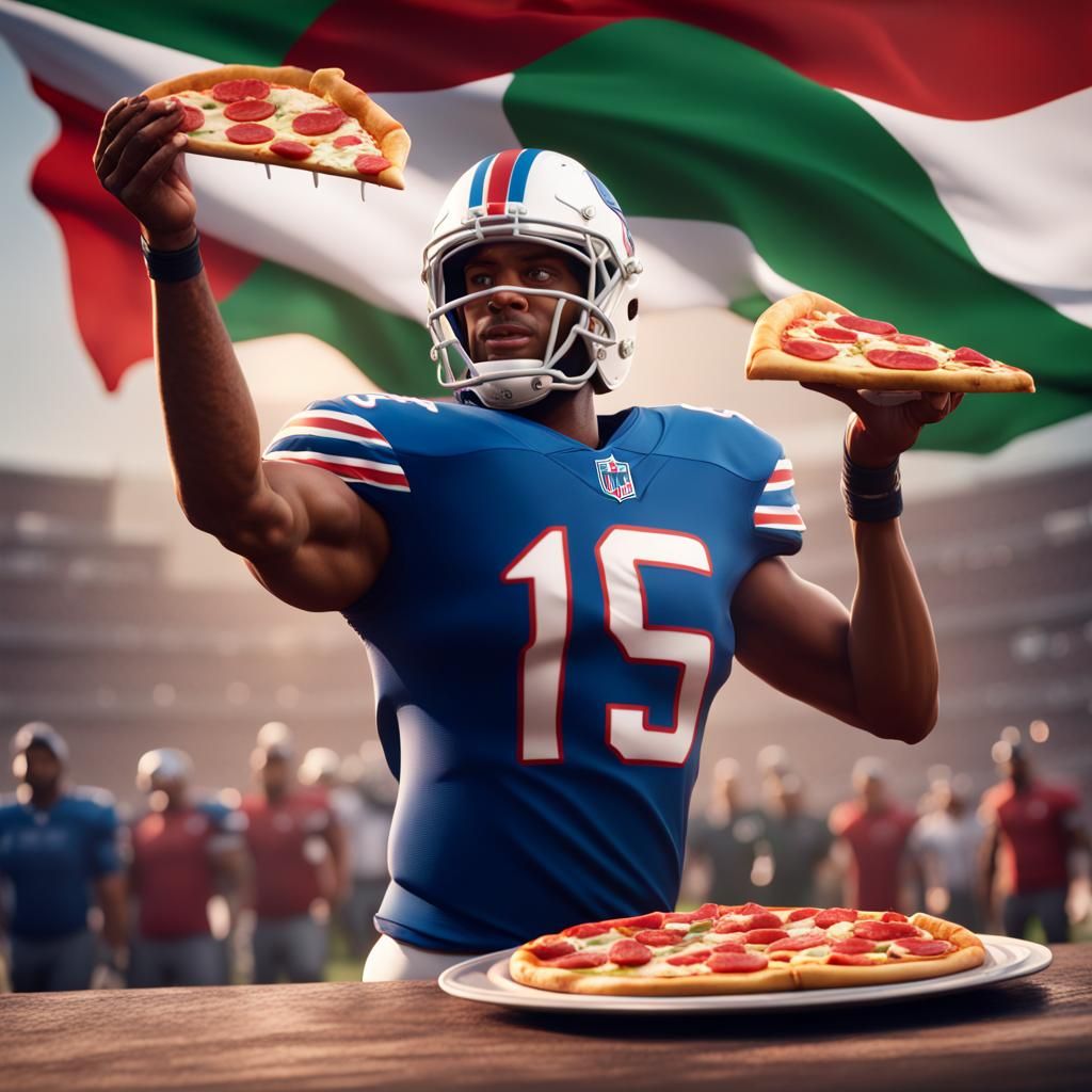 Hyperrealistic NFL player throwing a pizza with a italian flag in the ...