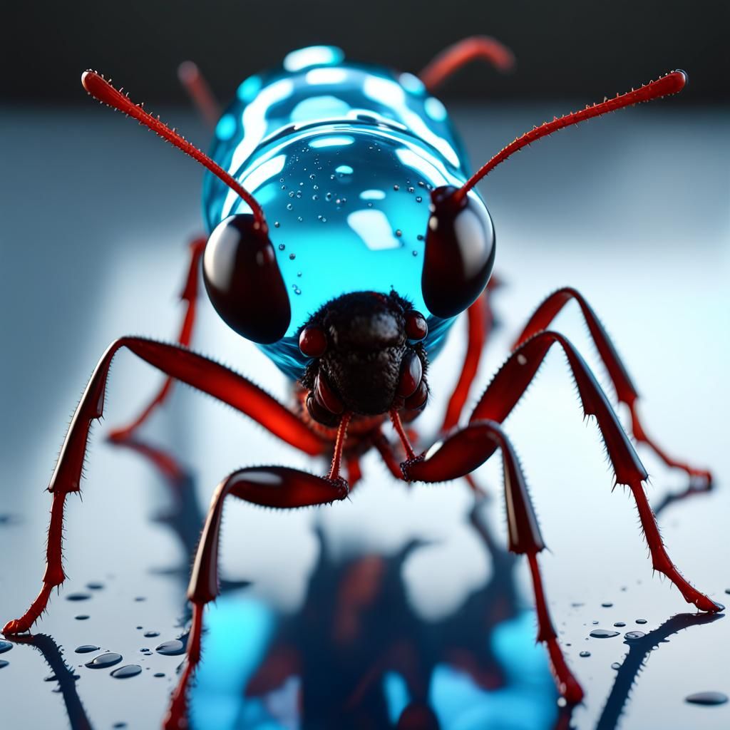 blue reflective soft glow on red ants,ant looking ,soda can,water drip ...