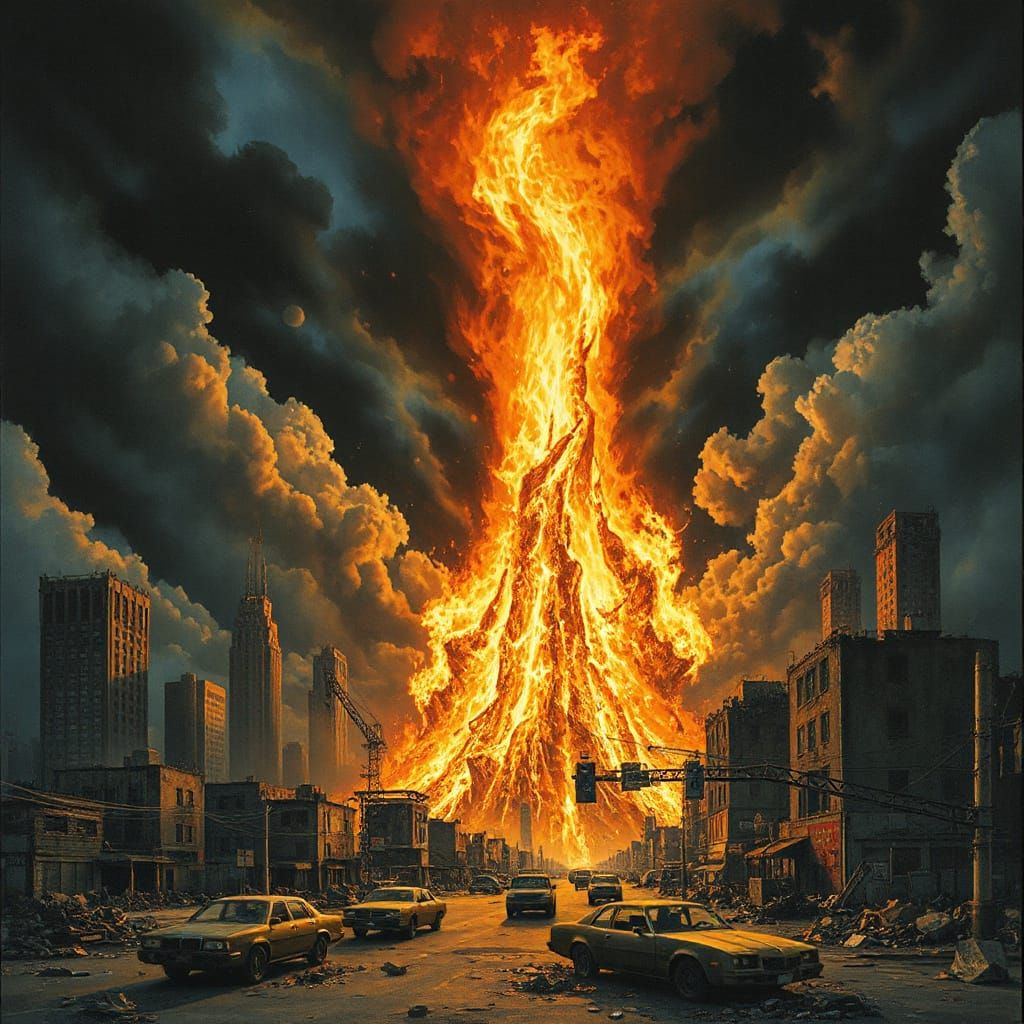 Pillar of fire in apocalyptic city - Dystopian City Inferno ...