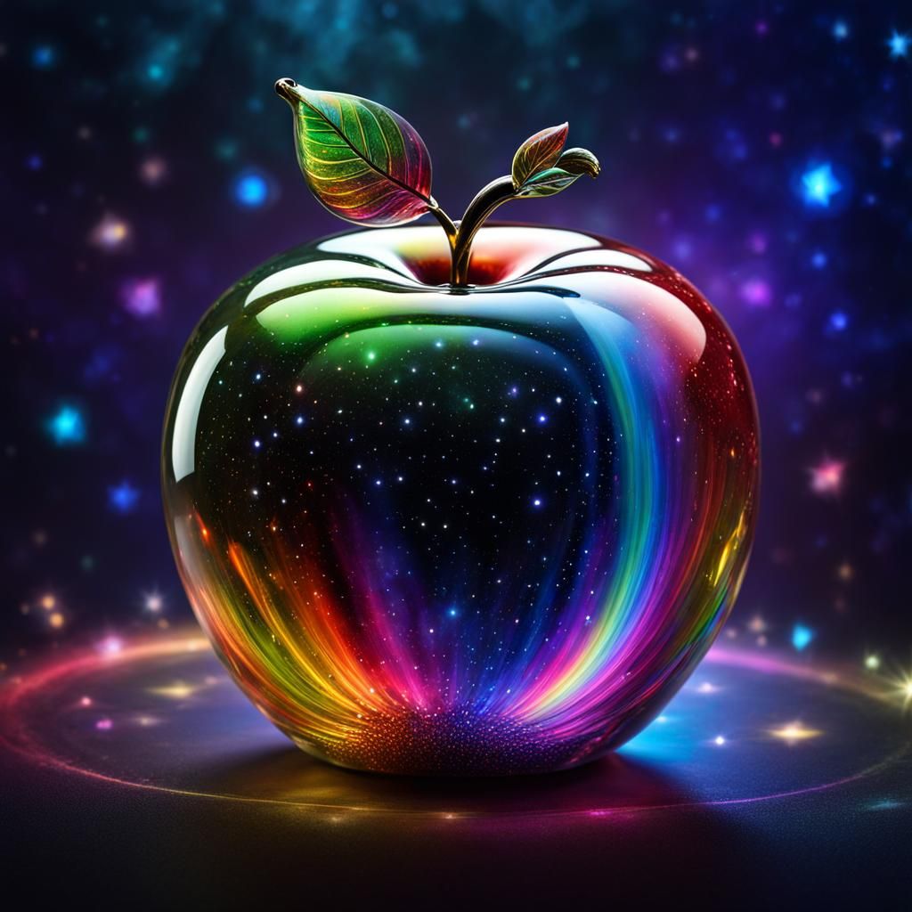 a masterwork glass apple containing a brilliant glowing rainbow ...