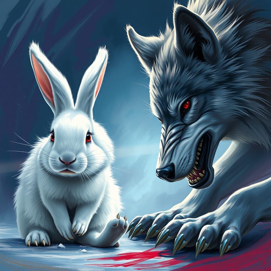Fierce Confrontation: White Rabbit Meets Grey Wolf... - AI Art