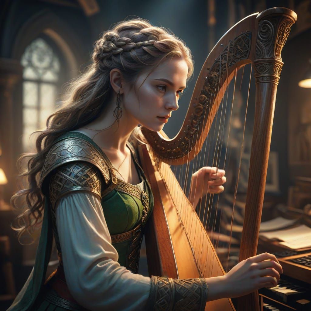 a Logreth playing a harp inside a modern music studio