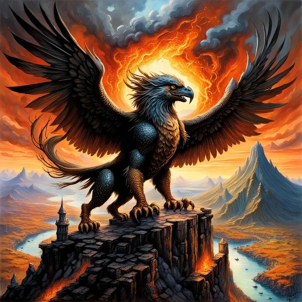 (Castle 🏰 gryphon volcano:1.5) FLYING gryphon, middle earth, alcohol ink, deep Saturation ...