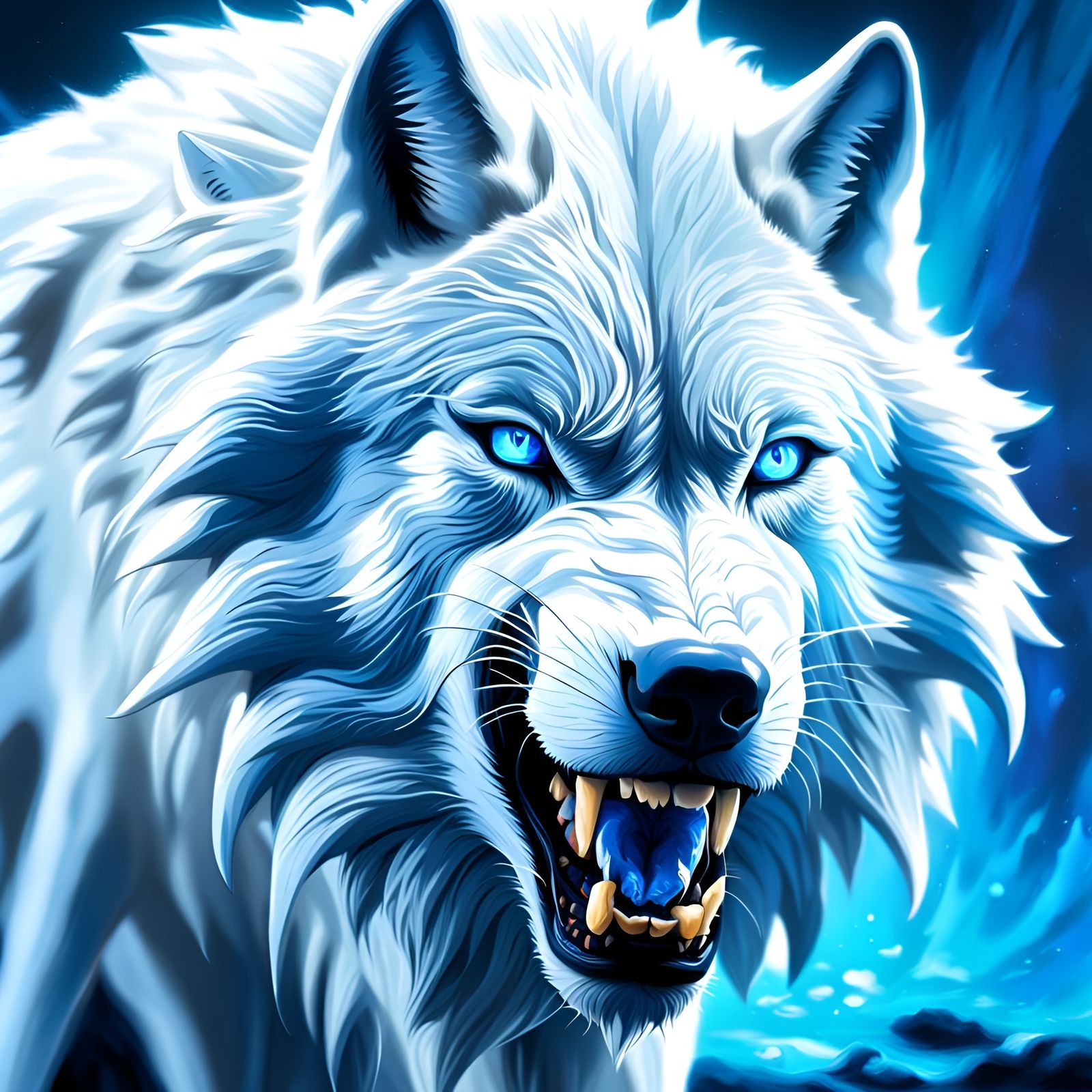 White wolf with piercing blue eyes, snarling teeth, intimidating, powerful, artistic, ambient ...