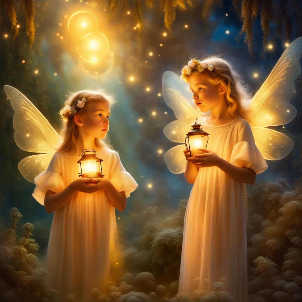 young angels with wings holding lanterns, sparkling streams. glowing ...