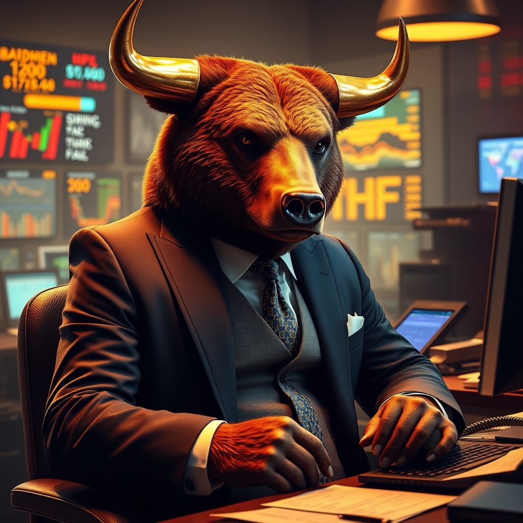 Golden Bull Horns Bear Investor in 80s Trading Sce... - AI Art