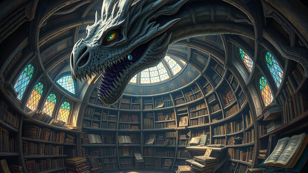 Majestic Dragon Skull Library in Cyberpunk Style - AI Art