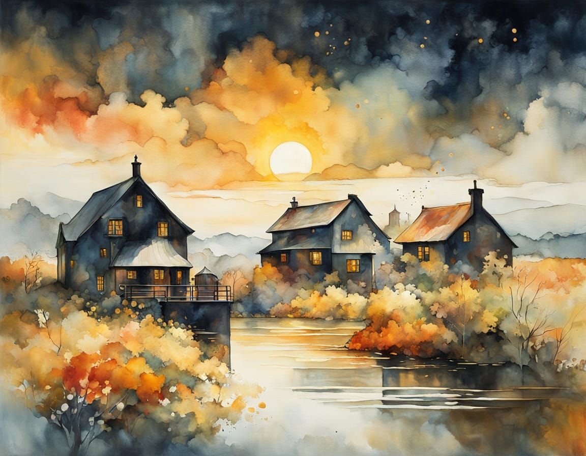 Vibrant Watercolor Masterpiece with Golden Light a... - AI Art