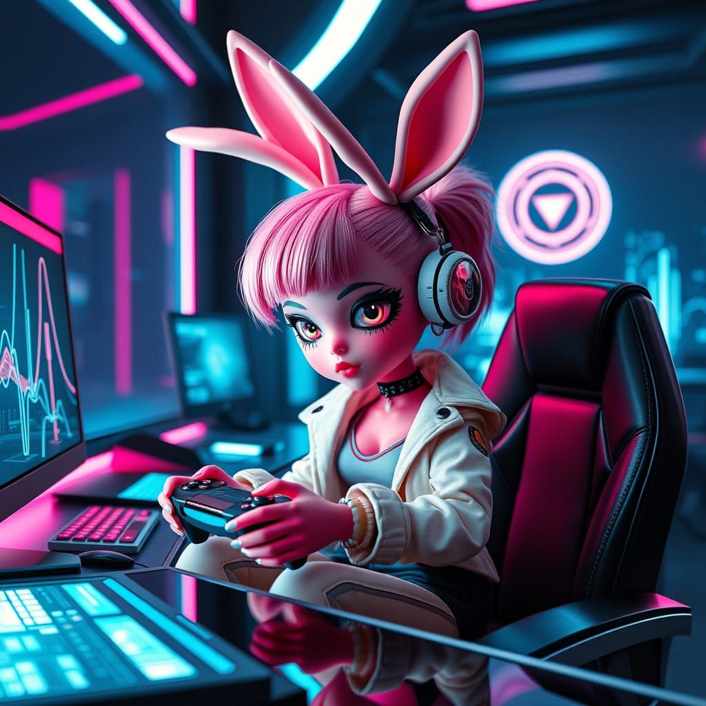 BUNNY PLAYING VIDEO GAMES - Cyberpunk Bunny Enjoys Futuristi...