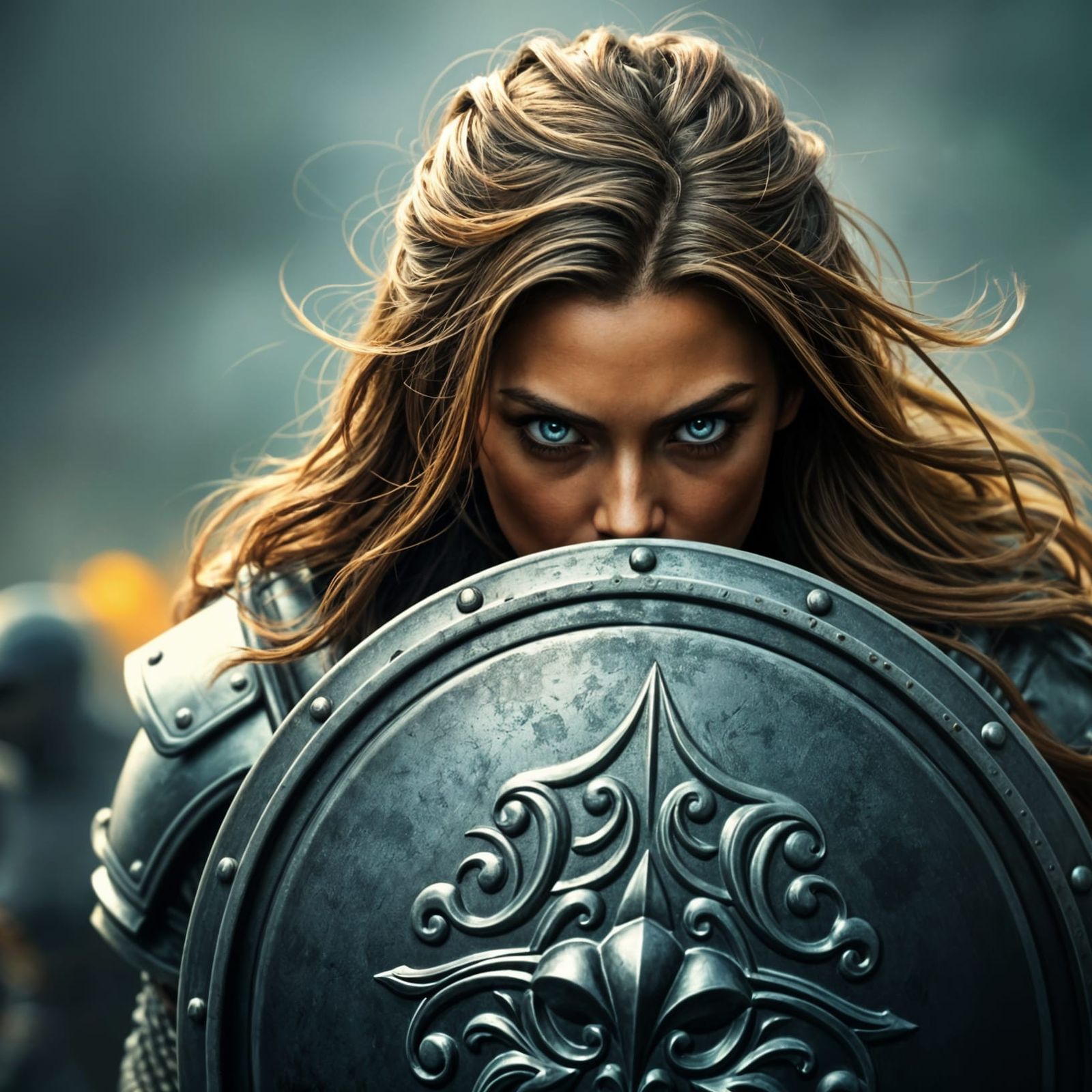 Behind Her Shield - Warrior Knight Woman in Shielded Stance