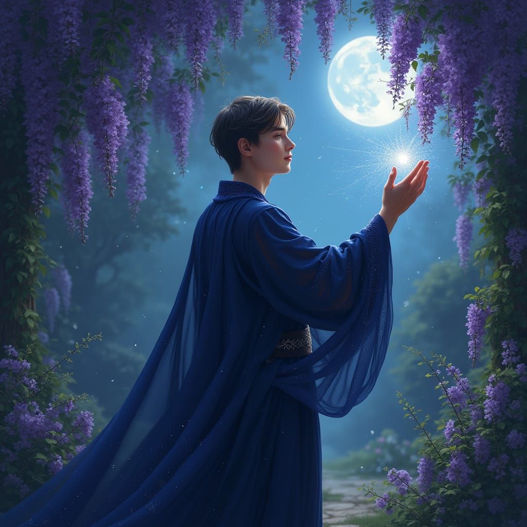 Starlight Magic - Mystical Wizard Amidst Starlight Wisteria