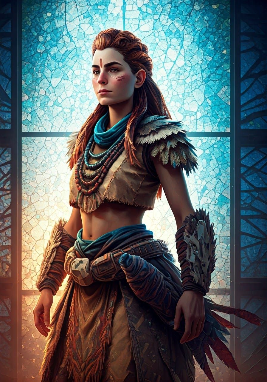 Stained glass portrait of Aloy from Horizon