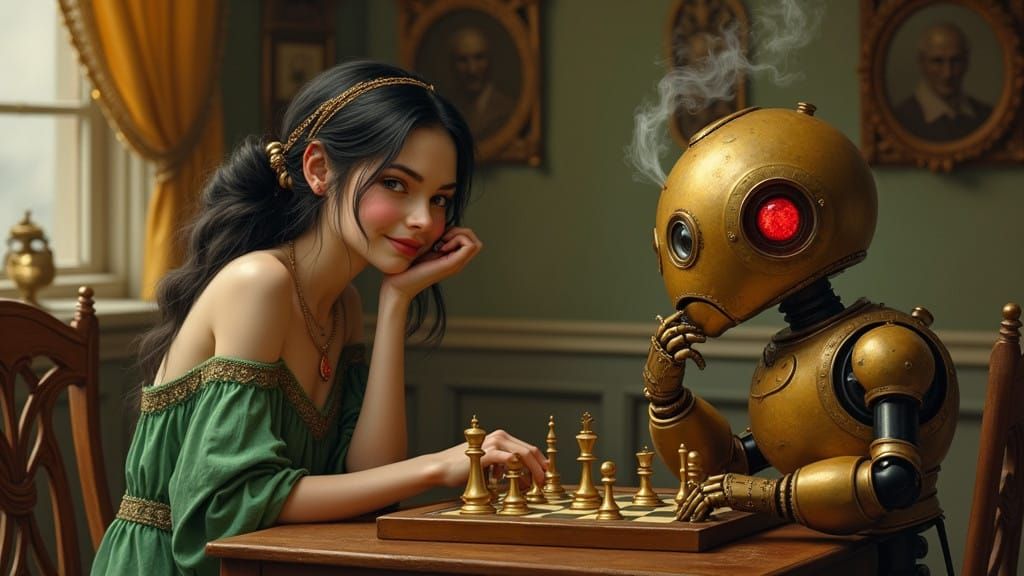 Victorian era. fairy woman playing chess with robot