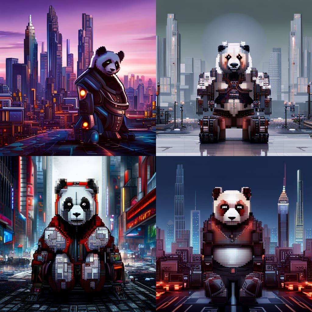 mechanised panda in front of a cyberpunk skyline, pixel art - AI ...