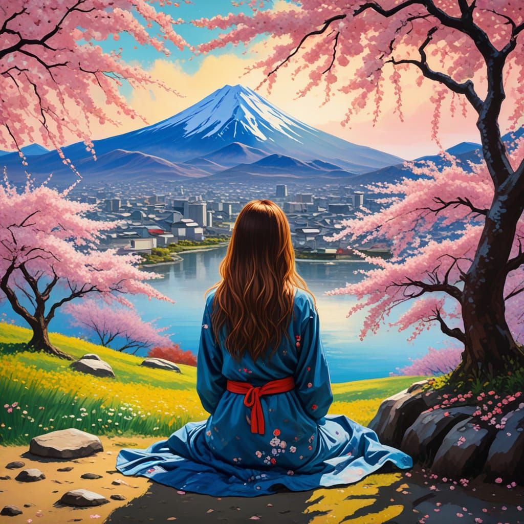 Serene Woman in Dripping Cherry Blossoms, with Flo... - AI Art